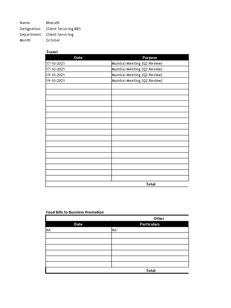 Reimbursement Excel Sheet | PDF