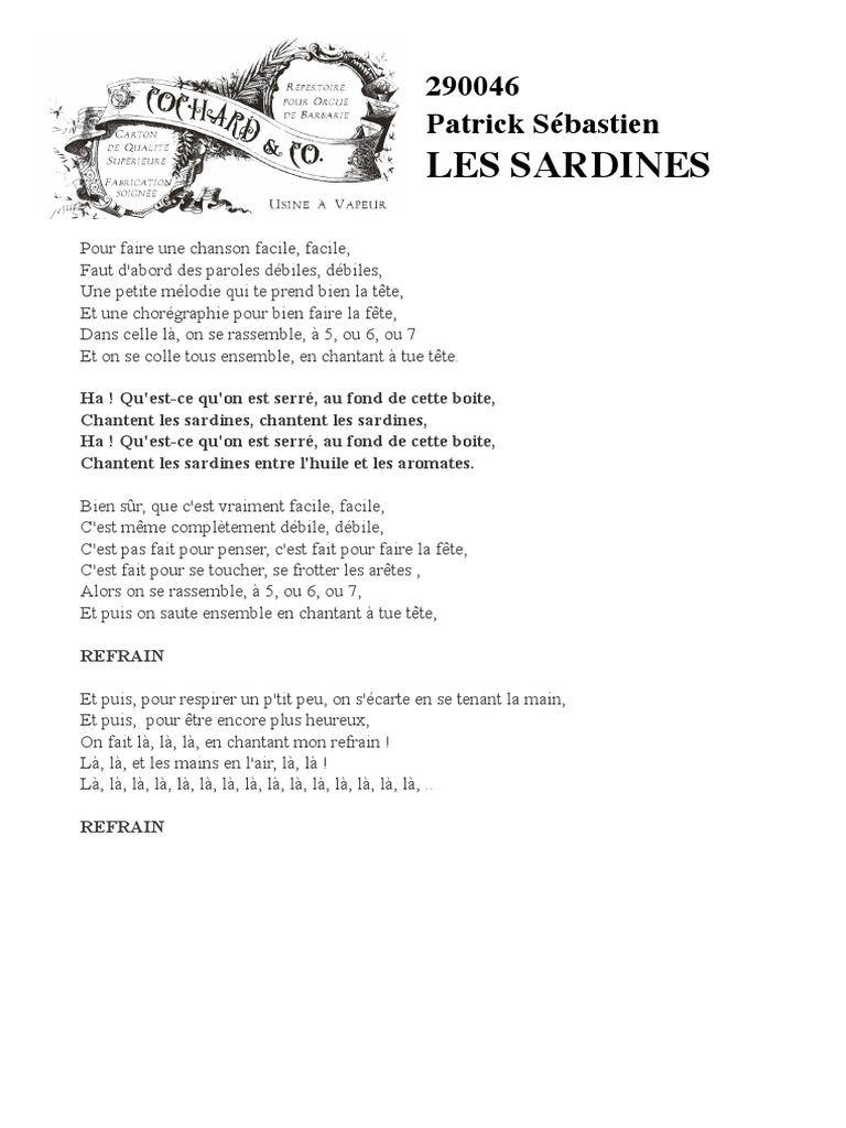 Chanson festive "Les Sardines" de Patrick Sébastien | PDF