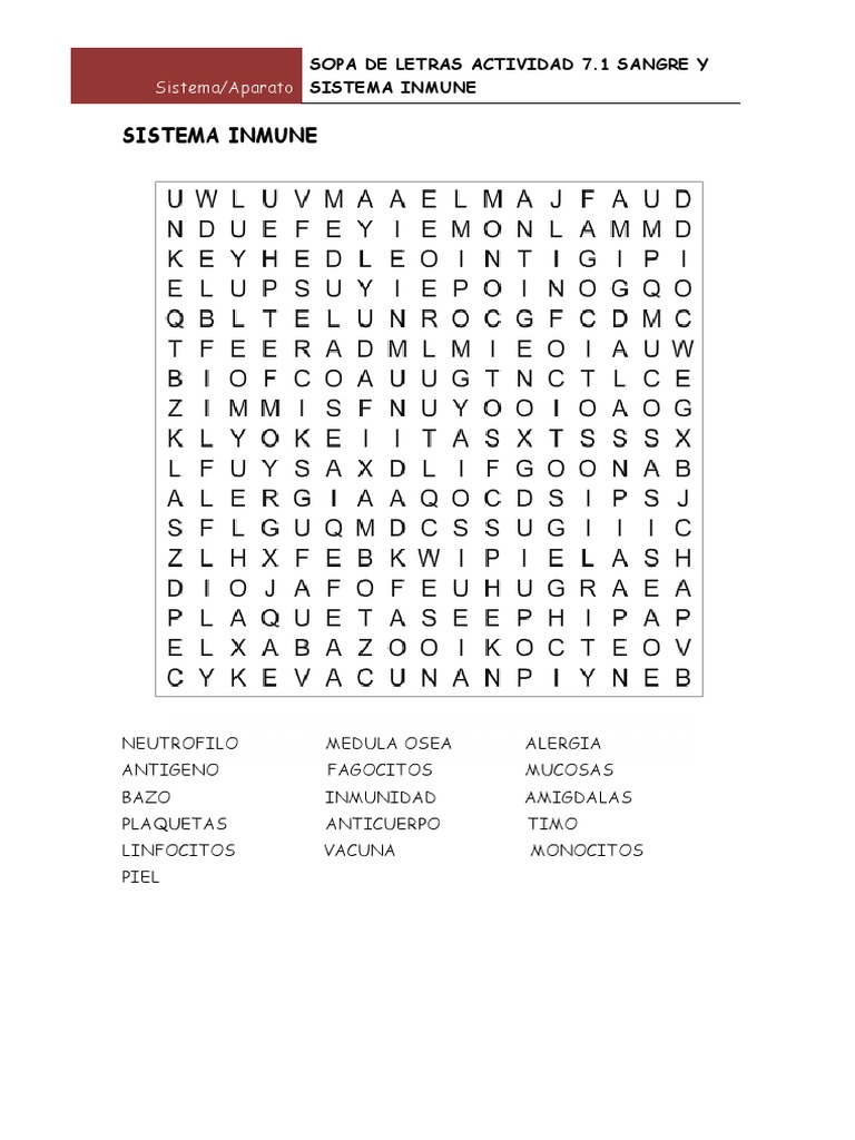 Actividad 7.1 AAO Sopa de Letras Inmune | PDF | Ciencia y matemáticas