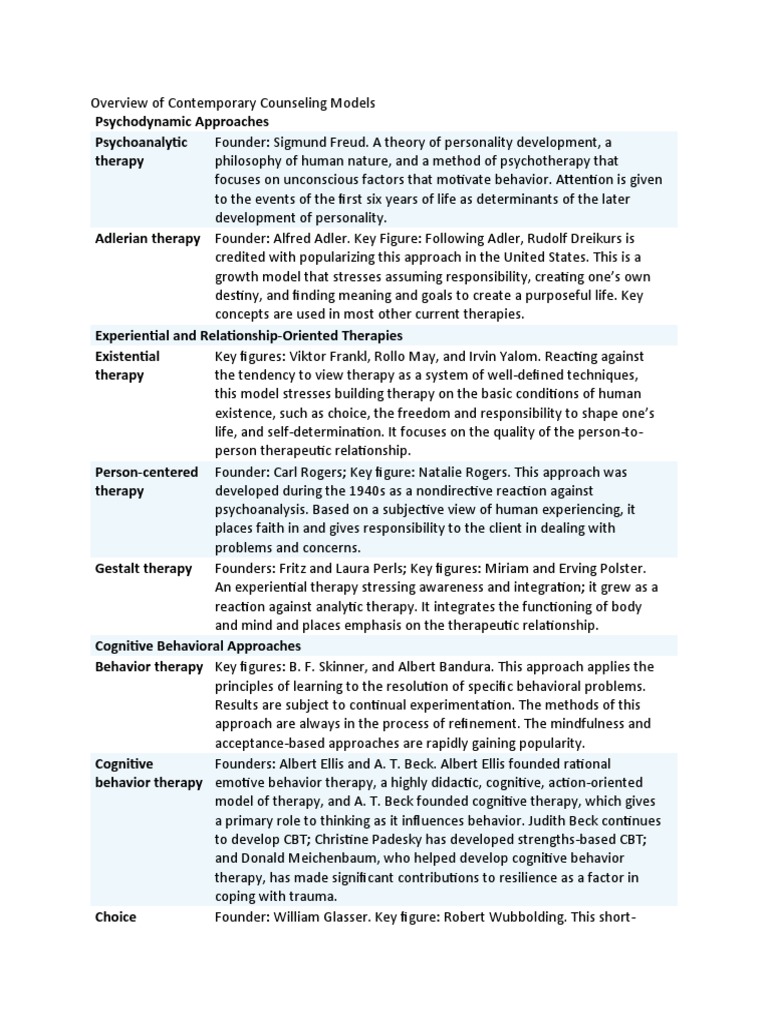 Contemporary Counseling Models Overview | PDF | Psychotherapy | Gestalt ...