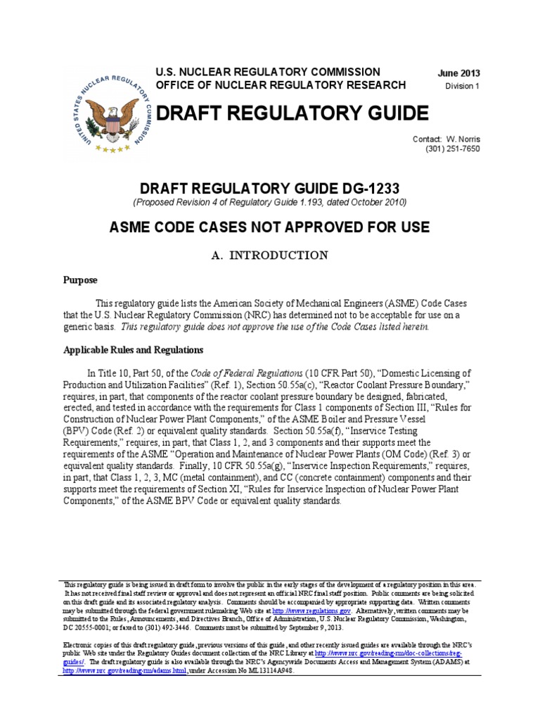 NRC Draft Guide on ASME Code Cases | PDF | Nuclear Regulatory ...