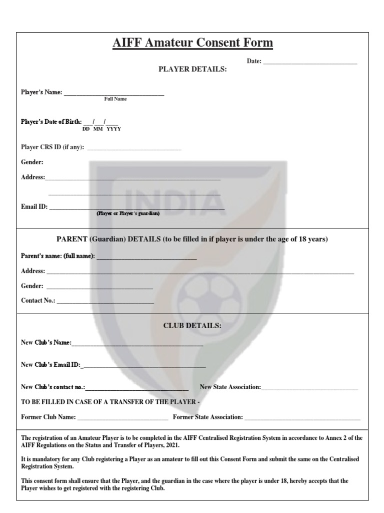AIFF Amateur Player Consent Form | PDF | Fifa | Regulation
