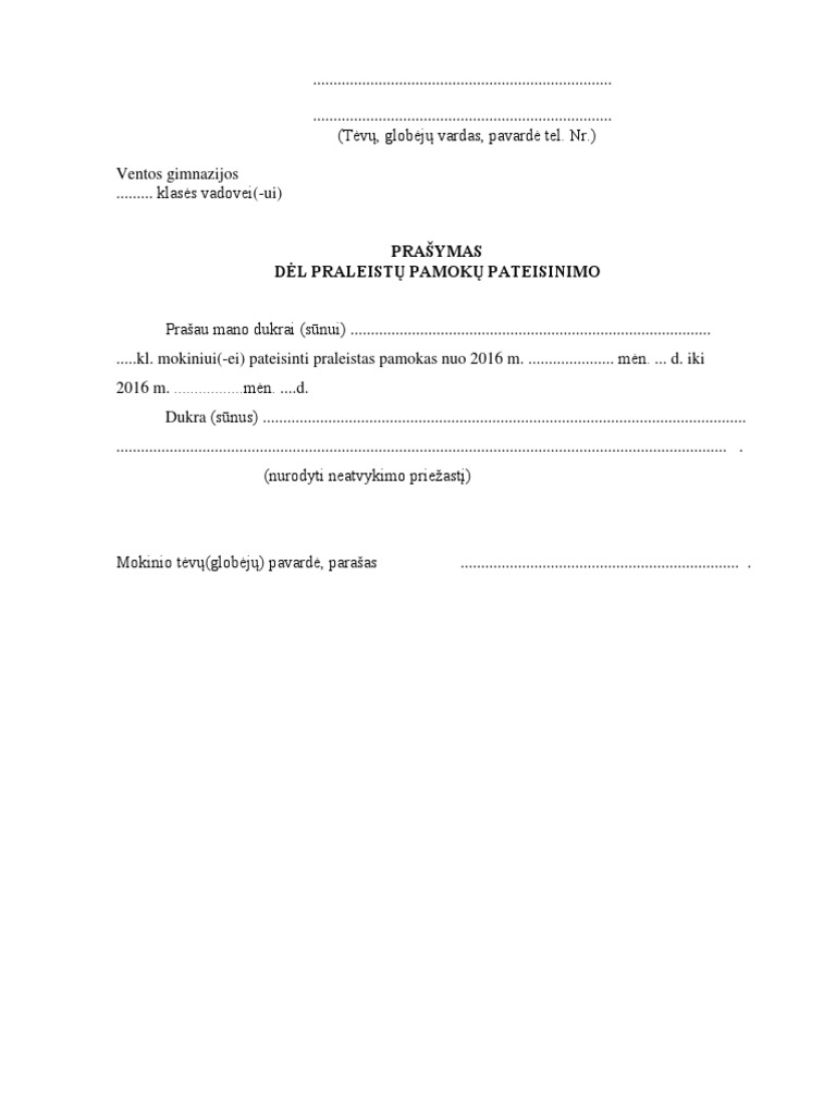 Praleistu Pamoku Pateisinimo Forma | PDF