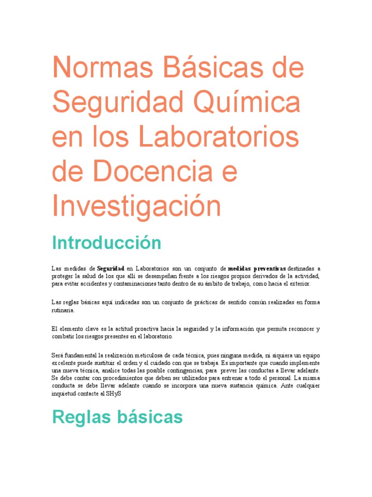 Normas Básicas de Seguridad Química en Los Laboratorios de Docencia e Investigación | PDF ...
