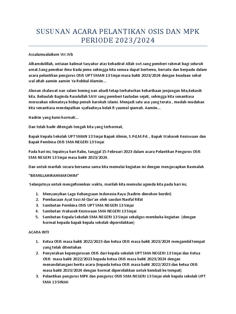 Susunan - Acara - Pelantikan - Osis - Dan - MPK 2 | PDF Susunan - Acara - Pelantikan - Osis - Dan - MPK 2 | PDF