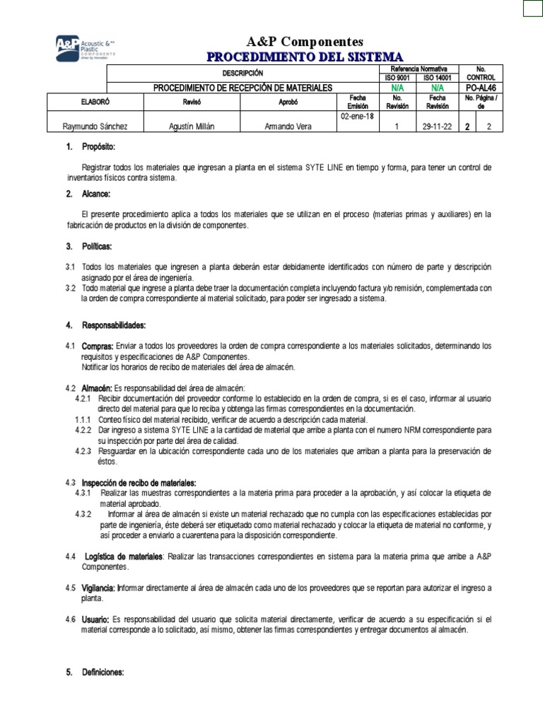 PO-AL-87 Procedimiento de Recepción de Materiales R1 | PDF | Calidad ...