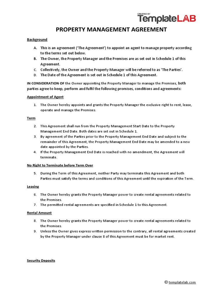 Property Management Agreement Template | PDF | Lease | Indemnity