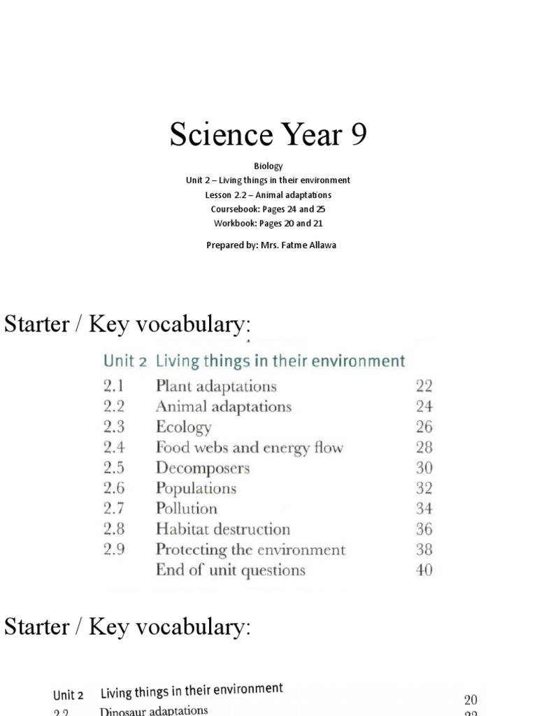 Year 9 Biology Unit 2 Living Things in Their Environment Lesson 2.2 ...