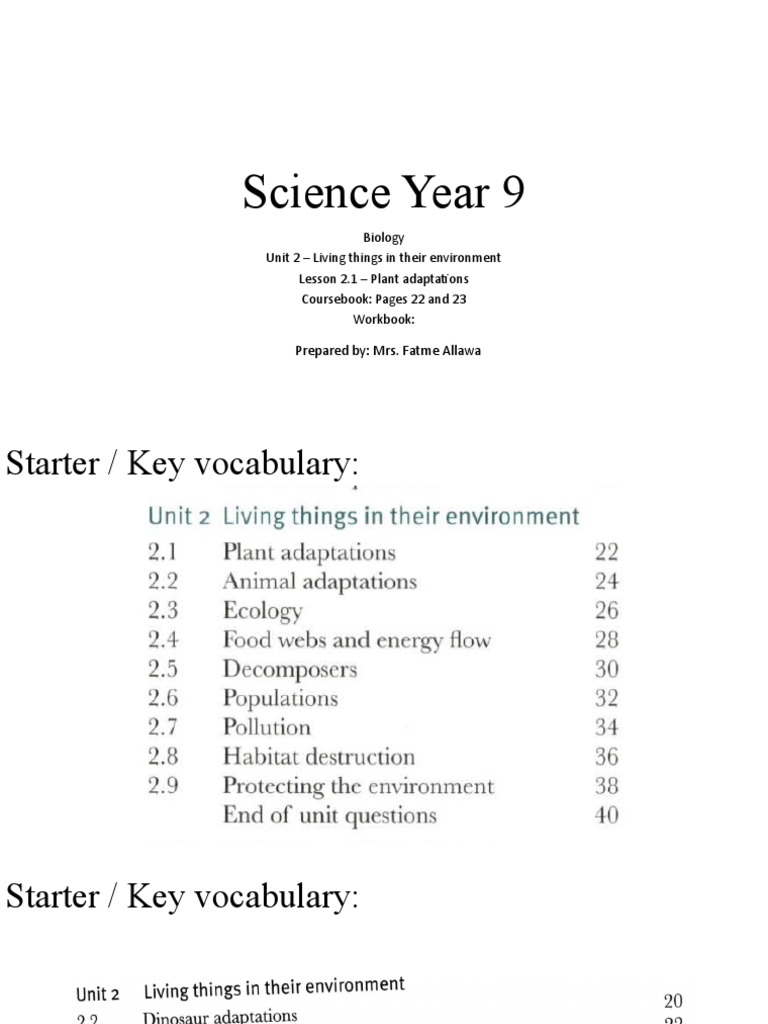 Year 9 Biology Unit 2 Living Things in Their Environment Lesson 2.1 ...
