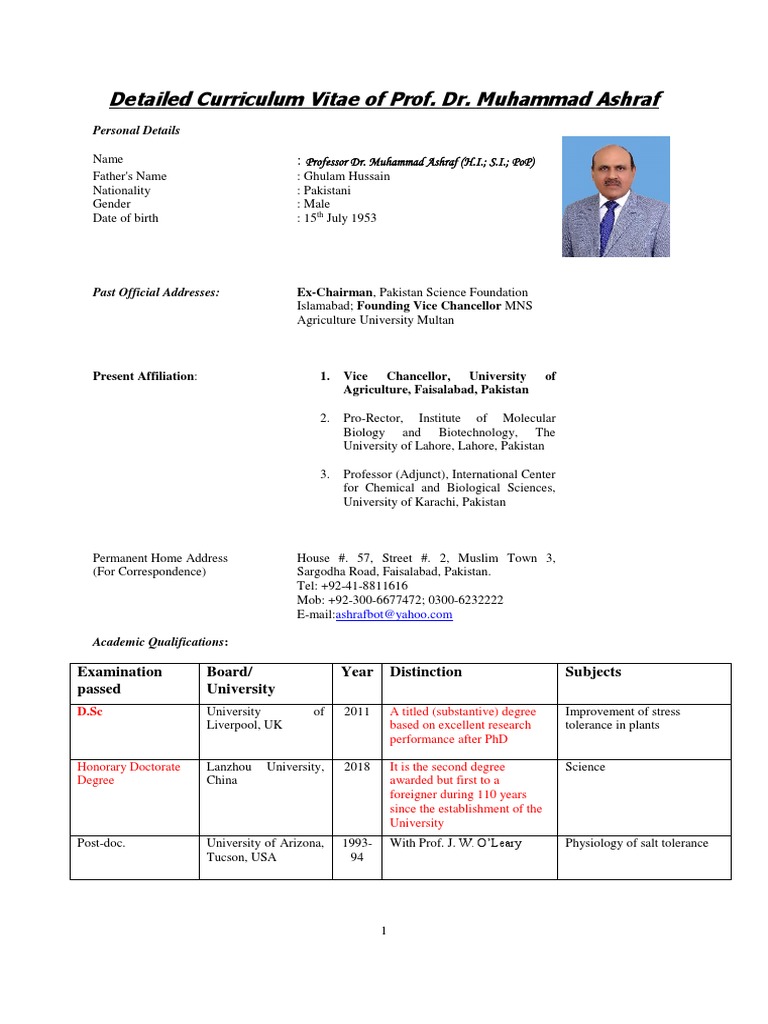 Prof. Dr. Ashraf-CV October-2019 | PDF | Agriculture | Pakistan