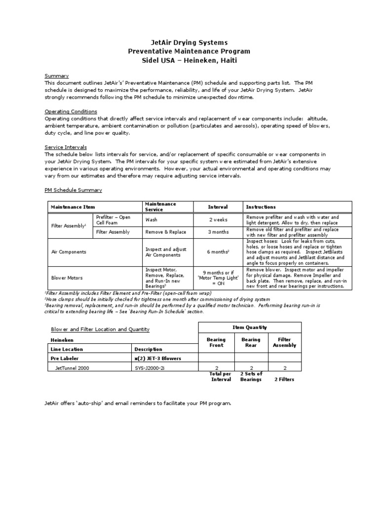 JetAir - Preventative Maintenance Program - Sidel - Heineken | PDF ...