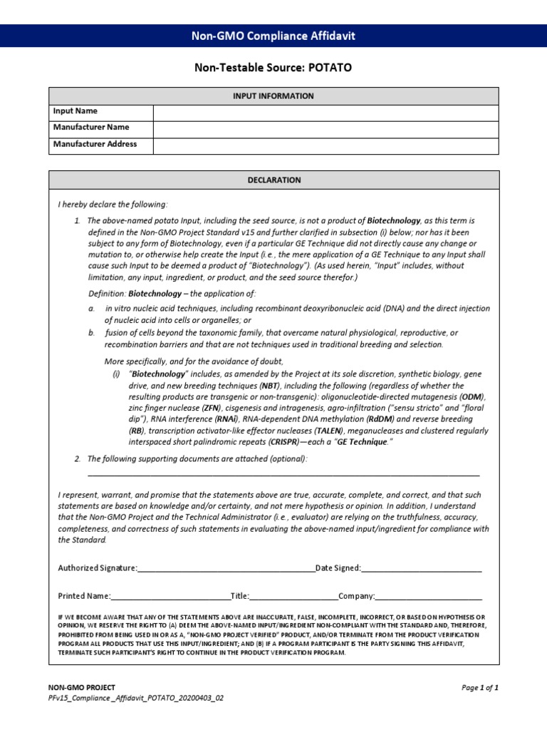 Non-Gmo Compliance Affidavit - Non-Testable Source - Potato | PDF ...