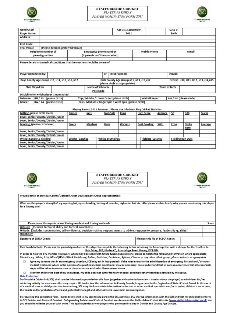 Nomination Form For Boys Cricket Trials 2011 | Download Free PDF ...