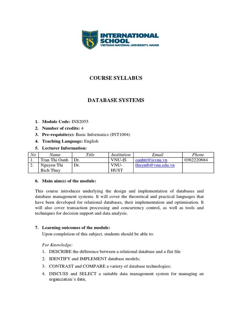 INS2055 - Database Systems 4 Credits - Syllabus | PDF | Databases | Relational Model