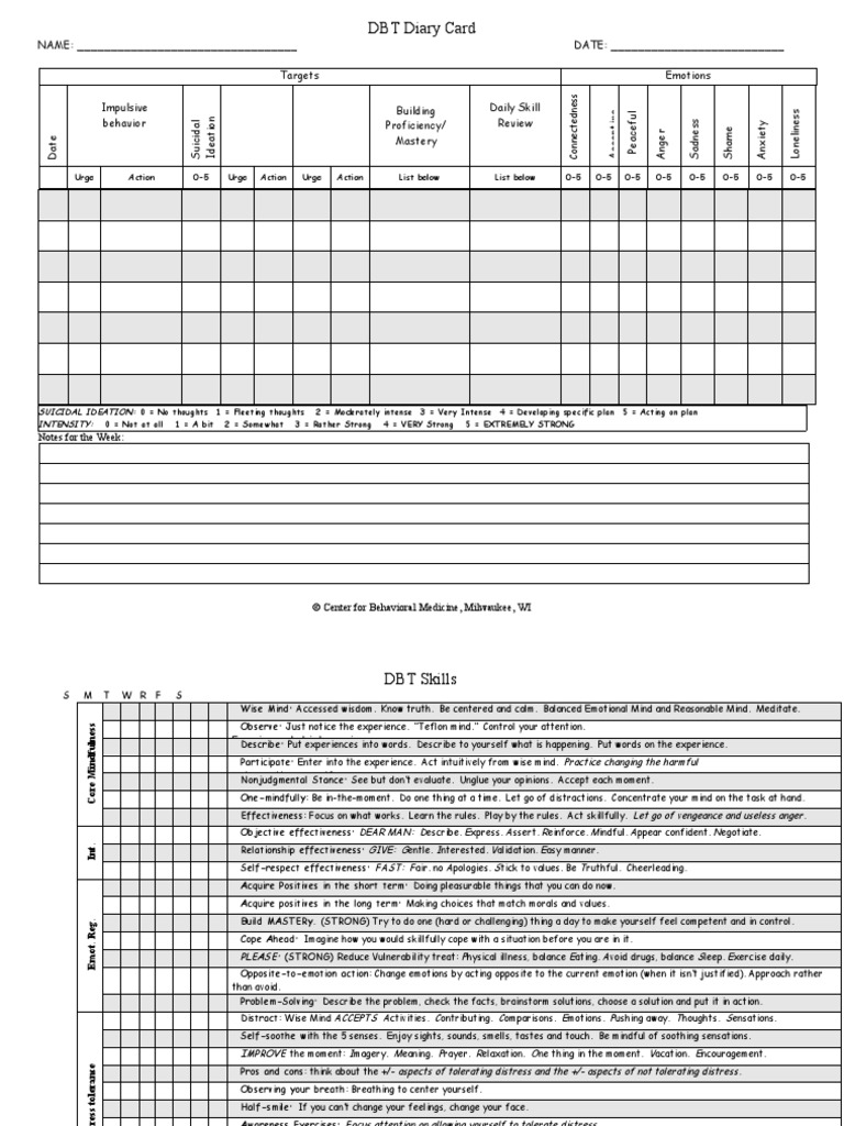 Diary card-RR | PDF | Dialectical Behavior Therapy | Mind