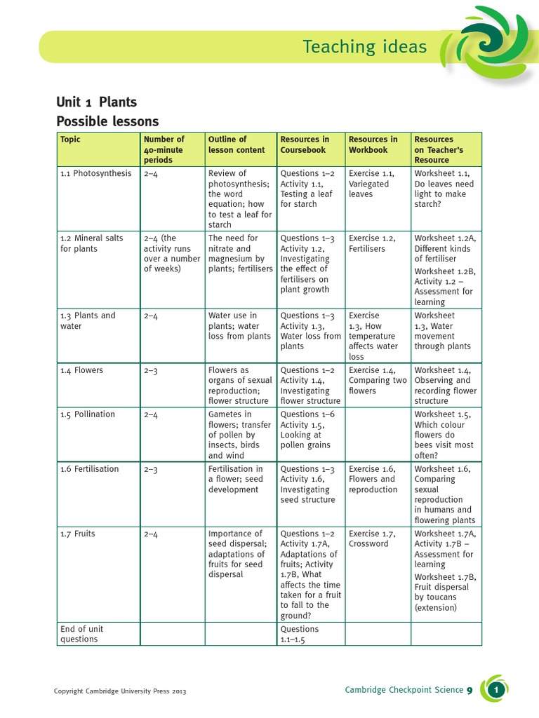 Cambridge Checkpoint Science Teacher Resources Unit 1 Teaching Ideas Grade 9 | PDF | Flowers ...