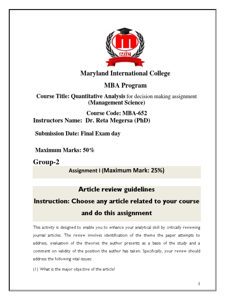 DR Reta Group 2 Quantitative Analysiss Assignmenet | PDF | Business