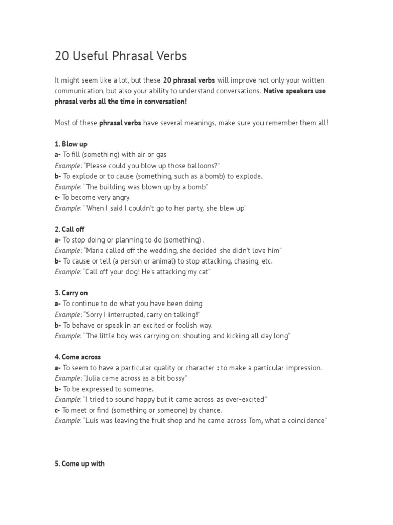 20 Essential Phrasal Verbs Explained | PDF | Language Arts & Discipline ...