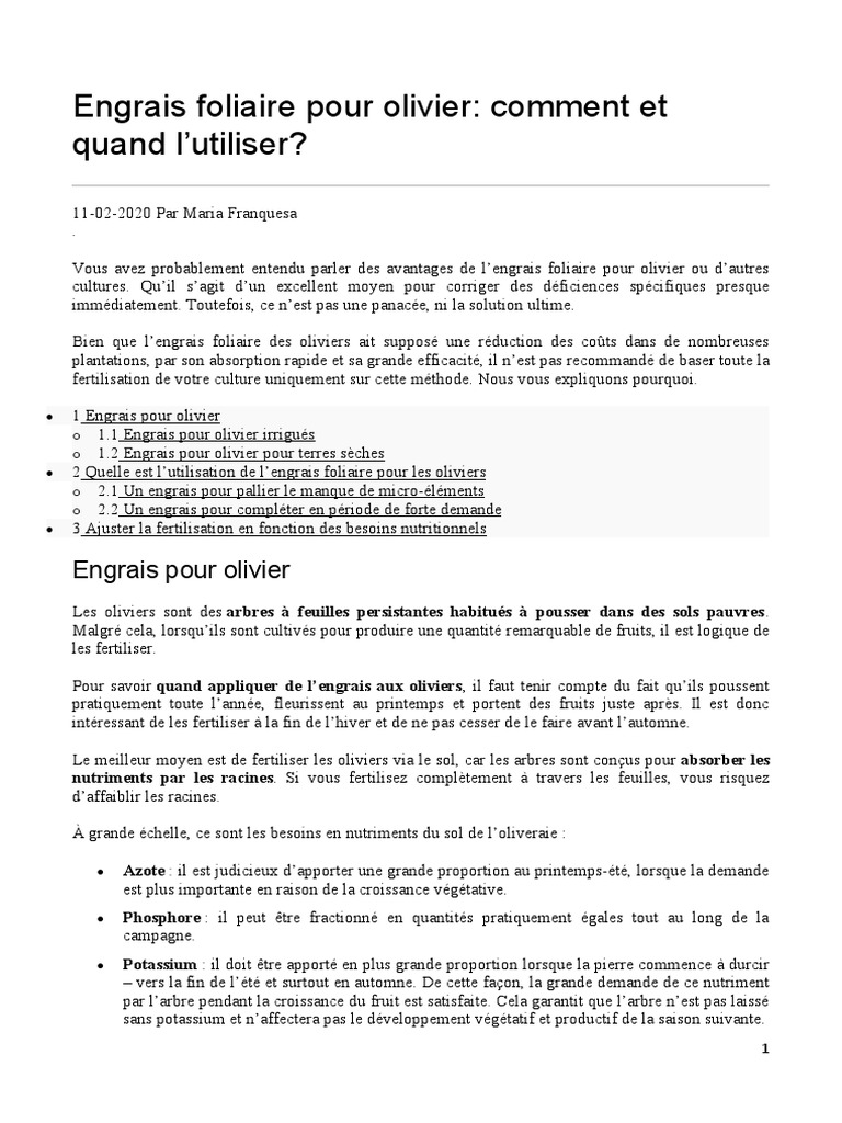 Engrais foliaire pour olivier : guide d'utilisation | PDF | Fertilisant ...