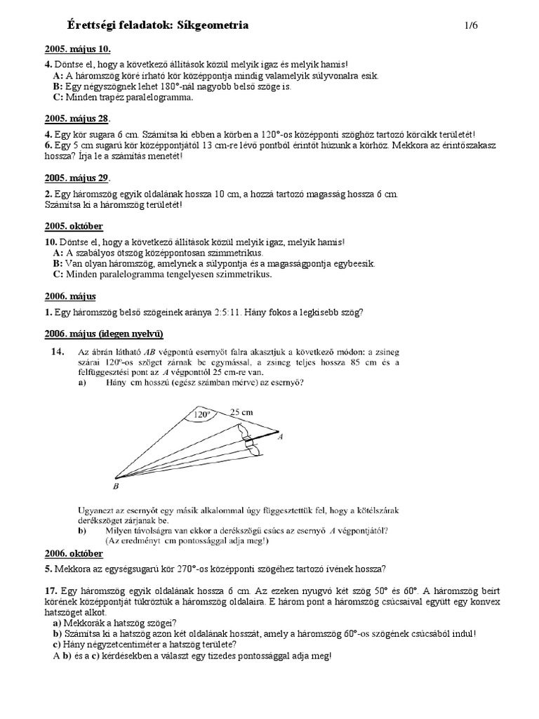 Érettségi Feladatok - Síkgeometria 1 - 6 | PDF