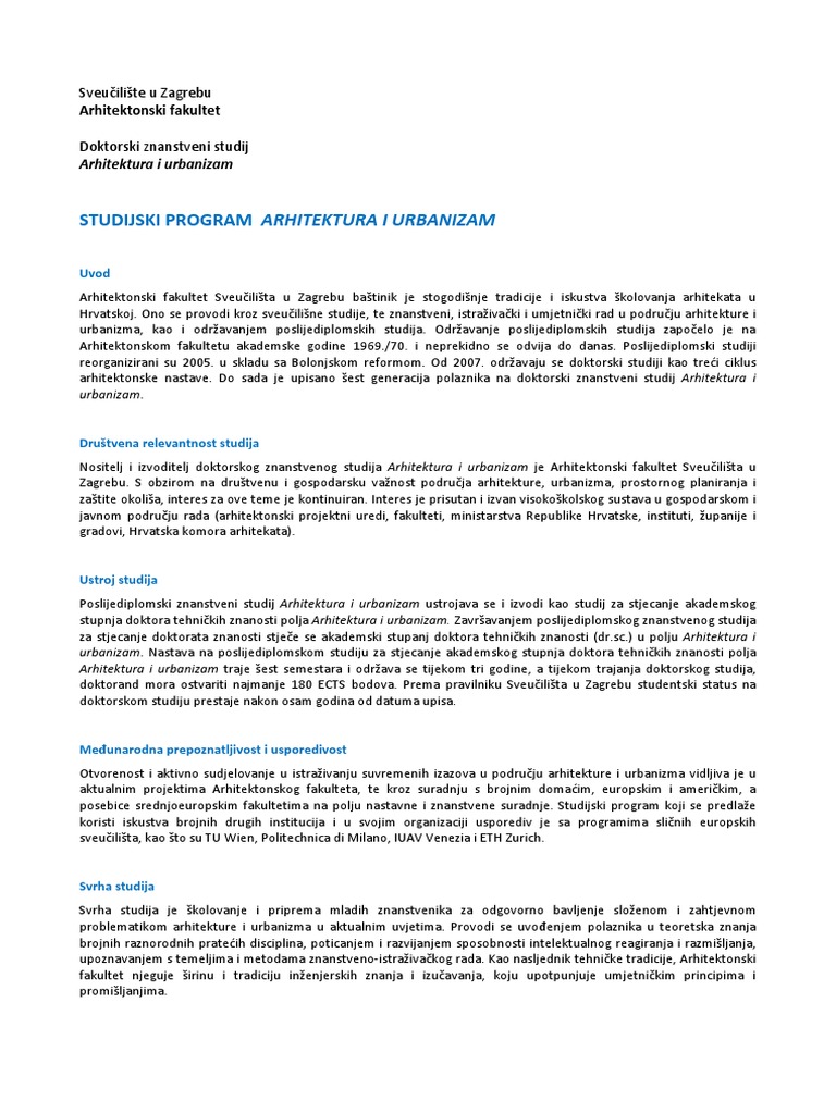 Doktorski Znanstveni Studij Arhitektura I Urbanizam Studijski Program I Nastavni Plan 8 ...