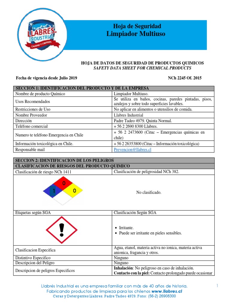 Hoja de Seguridad Limpiador Multiuso | PDF | Reciclaje | Agua
