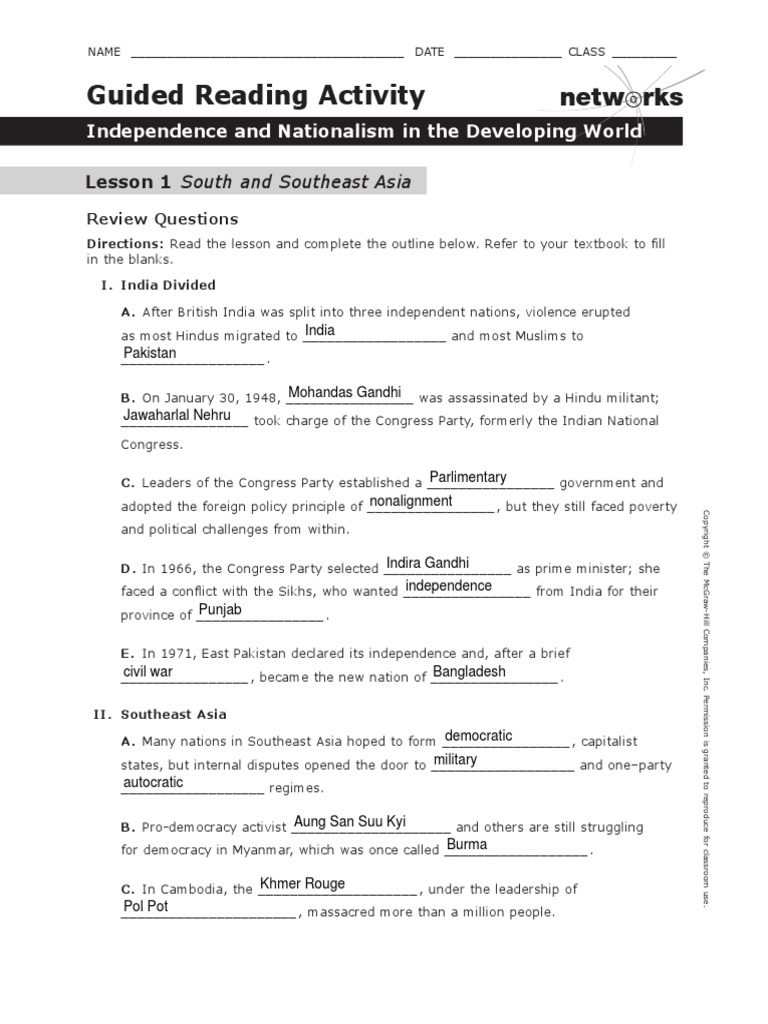 Netw Rks Guided Reading Activity: Independence and Nationalism in The Developing World | PDF ...