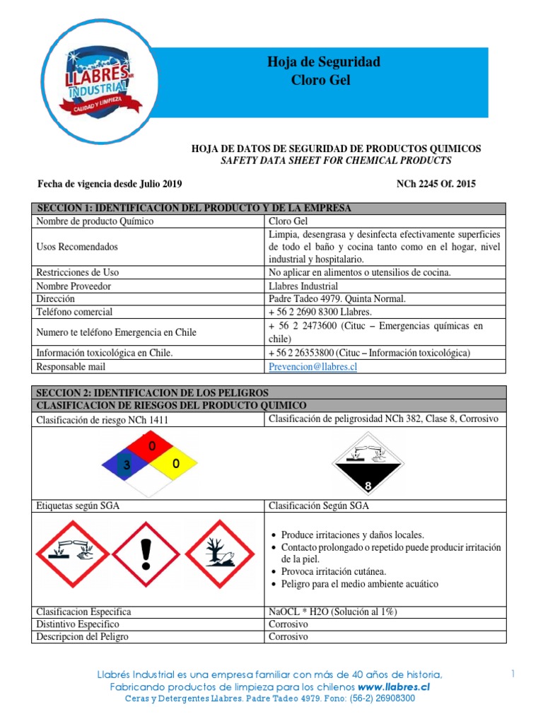 Hoja de Seguridad Cloro Gel | PDF | Agua | Residuos