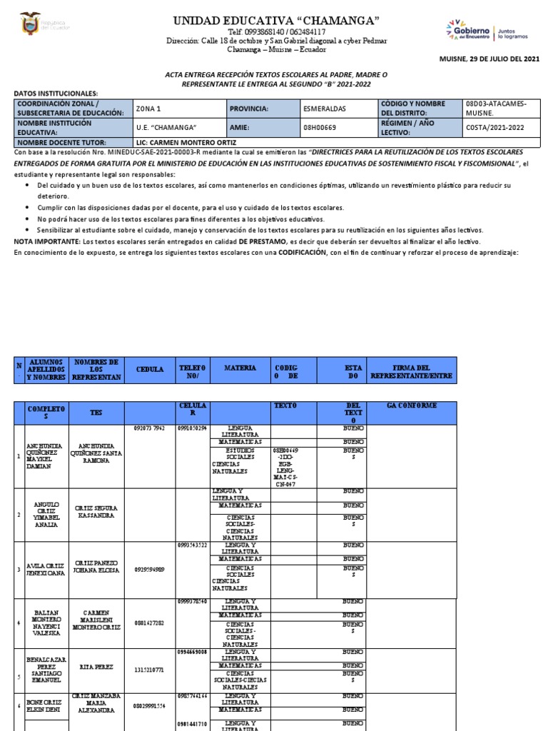 Acta de Entrega Recepcion-Textos de 2do B | PDF | América del Sur