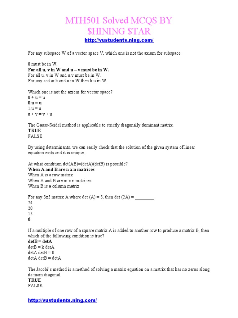 Solved Multiple Choice Questions from MTH501 on Linear Algebra Topics | PDF | Matrix ...