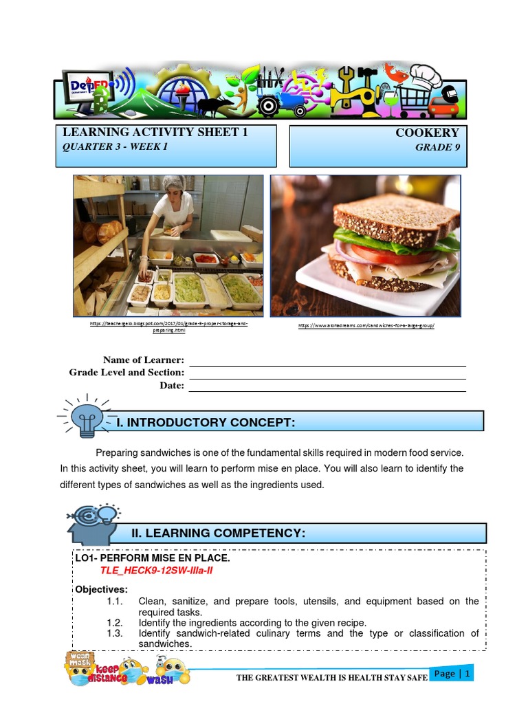 Cookery-9 Q3 W1-1 | PDF | Sandwich | Sausage