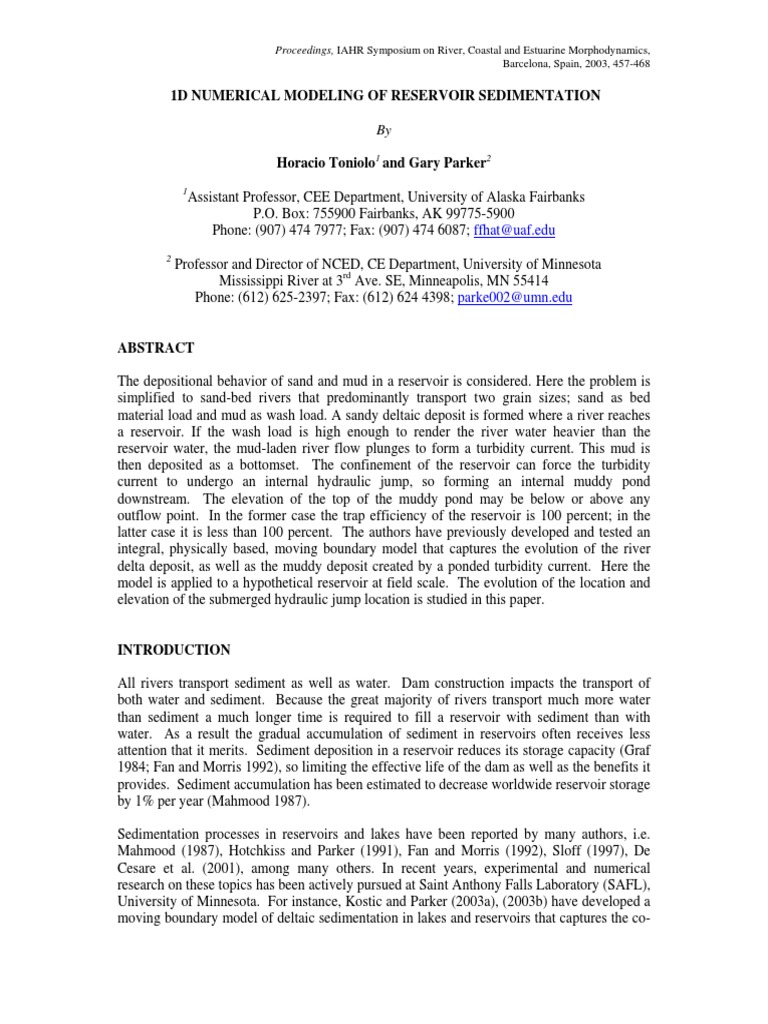 1d Numerical Modeling Of Reservoir Sedimentation Toniolo Parker