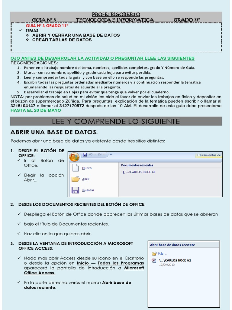 INFOR 11° 3° GUIA | PDF | Microsoft Office | Bases de datos