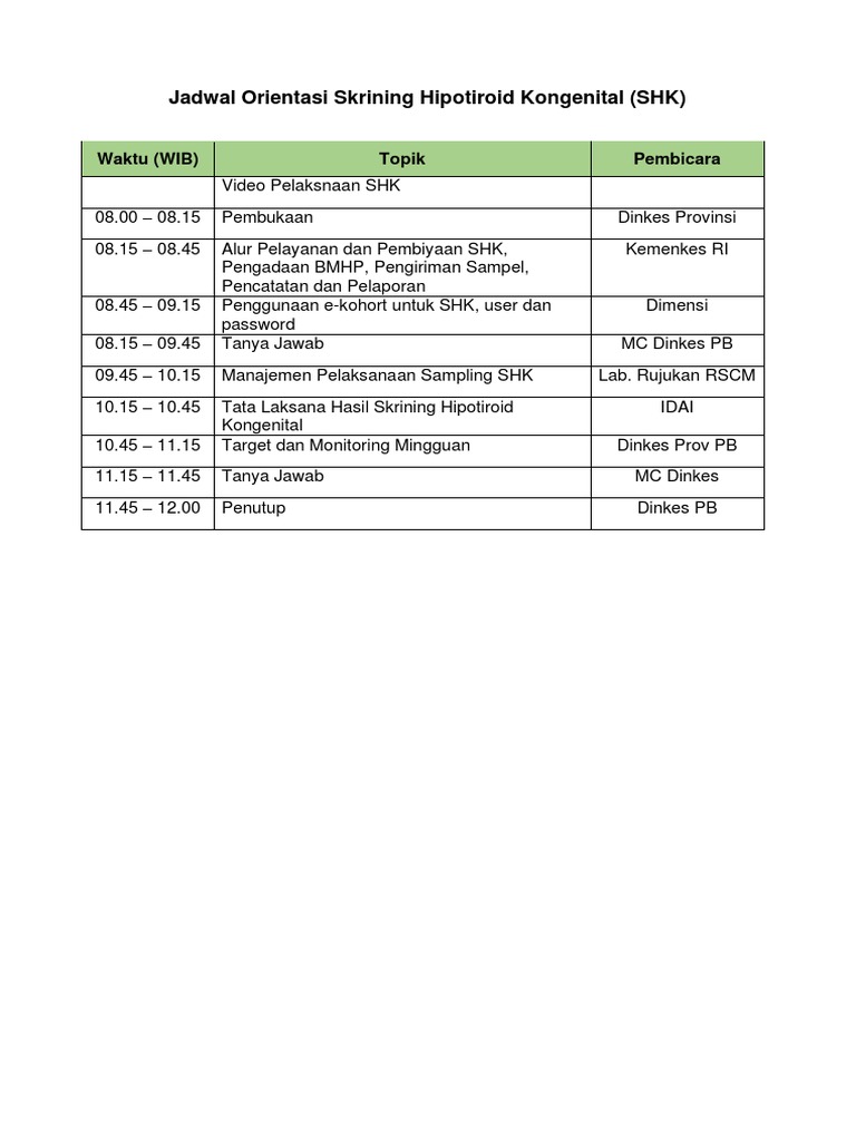 Jadwal Orientasi Skrining Hipotiroid Kongenital - Ok | PDF