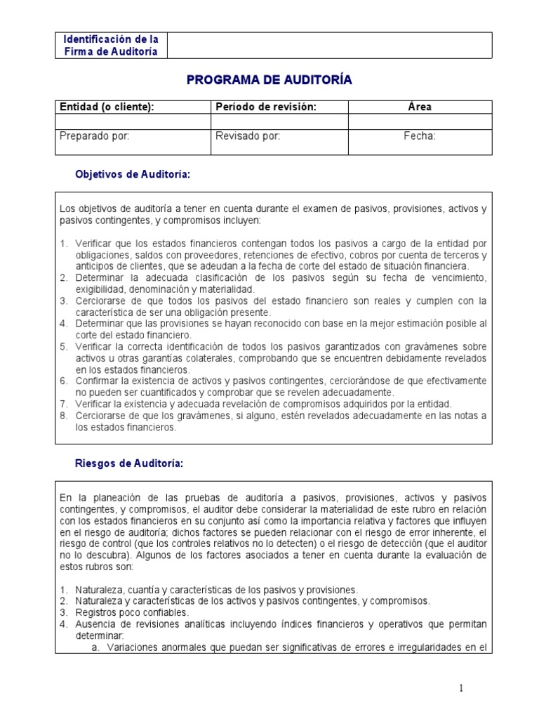 Programa-Auditoria-Pasivos-Provisiones-Contingencias MODIFICADO | PDF | Auditoría | Contabilidad