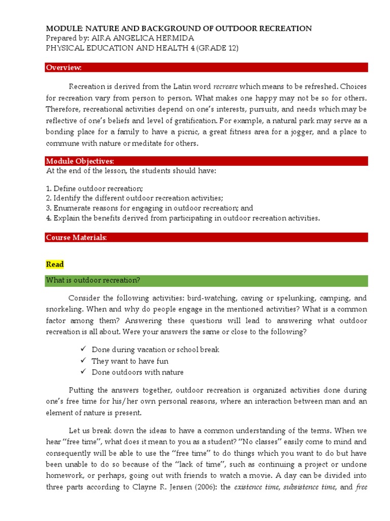 HOPE 4 4th Quarter Module 2 | PDF | Recreation | Outdoor Recreation