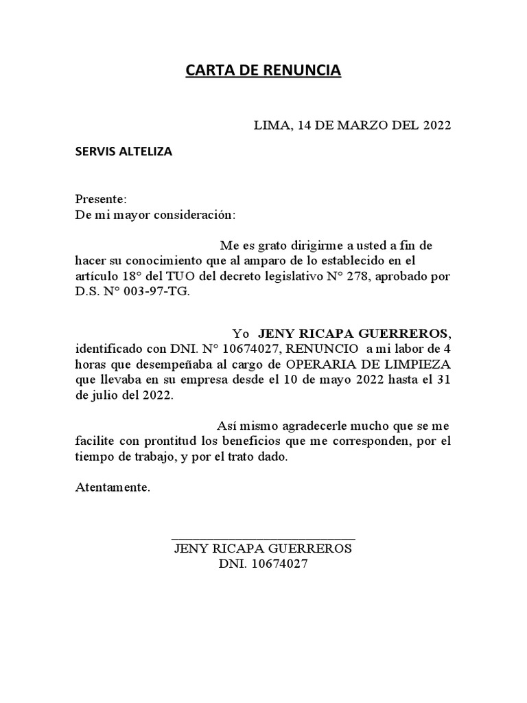 Carta de Renuncia Empresa | PDF