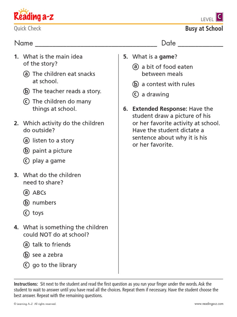 RAZ C - Busy at School Quiz | PDF | Cognitive Science | Psycholinguistics