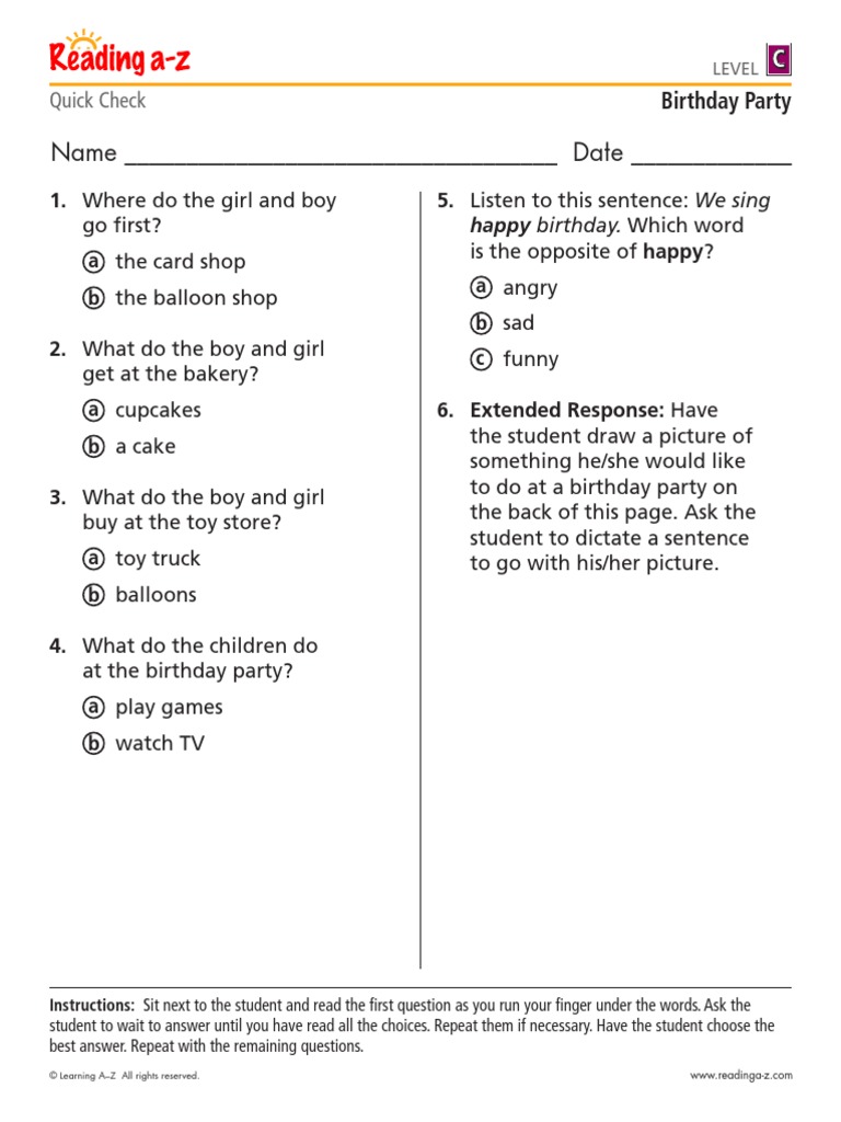 RAZ C - Birthday Party Quiz | PDF