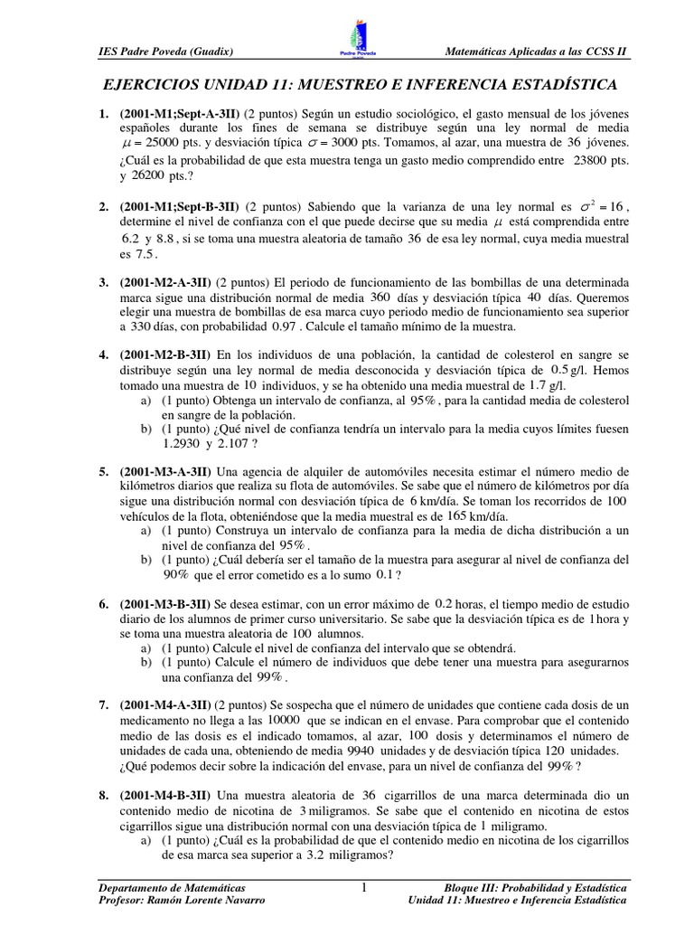 Selectividad Muestreo e Inferencia Estadística (2001-2020) | PDF | Intervalo de confianza ...