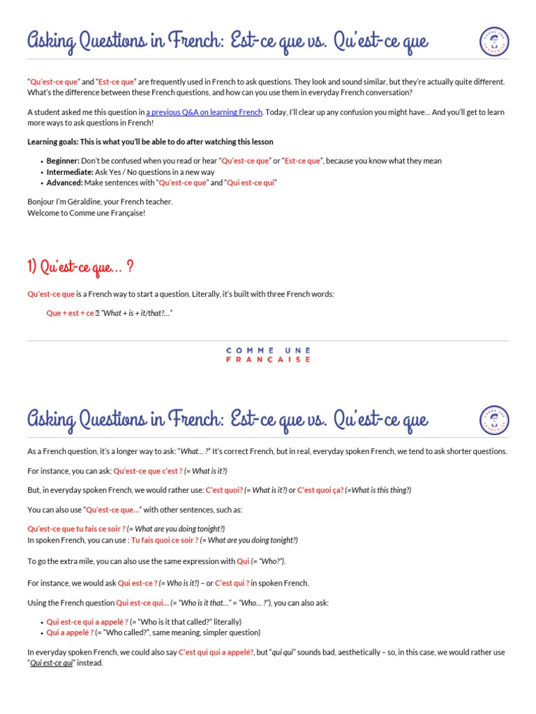 French Question Forms: Est-ce que & Qu'est-ce | PDF | French Language ...