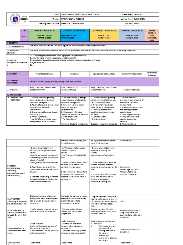 Grade 10 TLE Cookery Lesson Plan | PDF | Job Interview | Rubric (Academic)