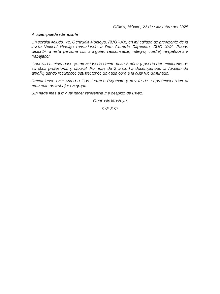 Carta Recomendacion Vecinal | PDF