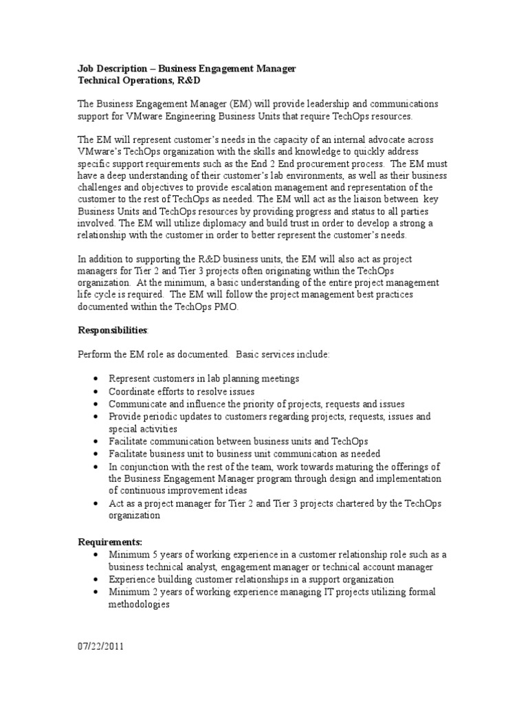 Job Description - Business Engagement Manager | PDF | System ...