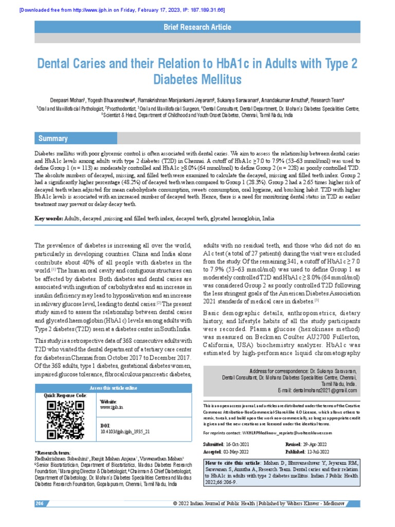 Dental Caries and Their Relation To Hba1C in Adults With Type 2 ...