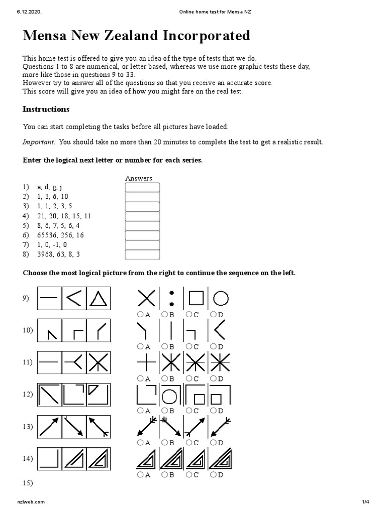 Online Home Test For Mensa NZ | PDF