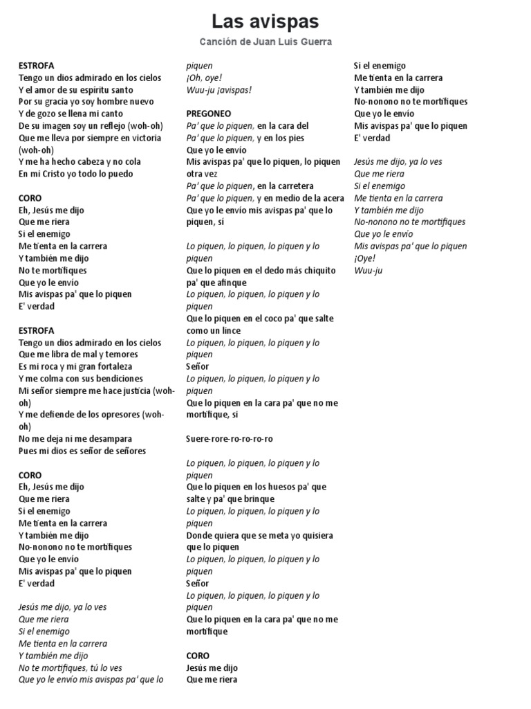 Letra de "Las Avispas" de Juan Luis Guerra | PDF