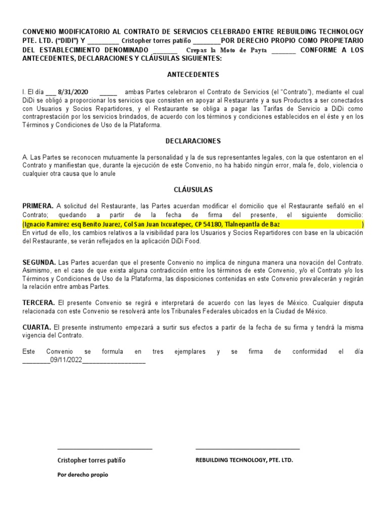 Convenio Modificatorio Cambio de Domicilio Del Restaurante | PDF ...