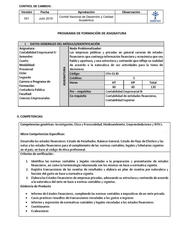 Programa Analitico Contabilidad Empresarial IV | PDF | Contabilidad ...