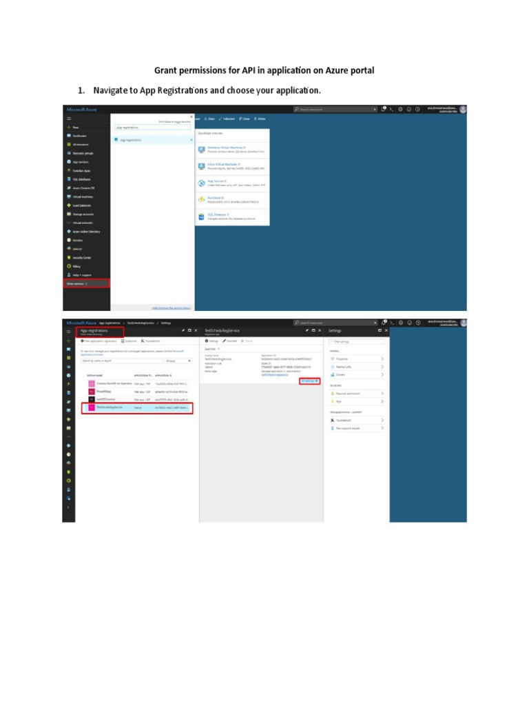 Grant Permissions For API in Application On Azure Portal | PDF
